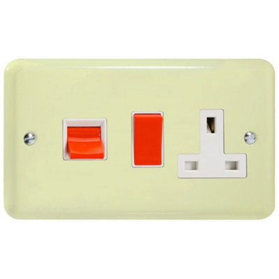 Varilight 45A Cooker Panel with 13A Double Pole Switched Socket Outlet (Red Rocker) White Chocolate