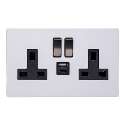 Varilight Double Switched Plug Socket With USB A+C - Screwless Primed ...