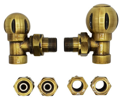 VarioTerm Angled Antique Brass Valve Radiator Ball Set + PEX and Copper ...