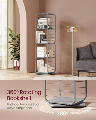 VASAGLE 4 Tier Bookshelf Rotating Bookcase with Bookends for Small Spaces Corner Shelf Steel Frame Dove