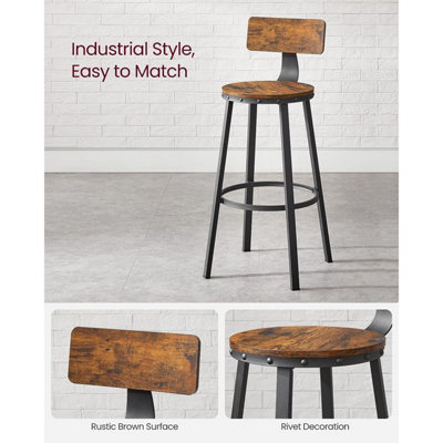 VASAGLE Bar Stools, Set of 2 Tall Bar Chairs with Backrest, Kitchen ...