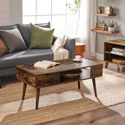 VASAGLE Coffee Table with Storage, Drawer, Open Compartment, Long Legs ...