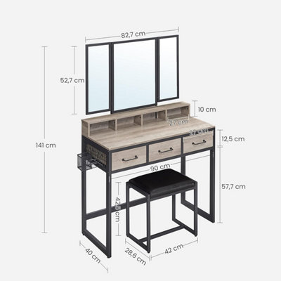 VASAGLE Dressing Table with Folding Mirror, 3 Pieces Set, Makeup Table ...