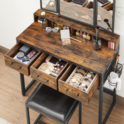 VASAGLE Dressing Table with Mirror and Stool, Vanity Table with Tri ...