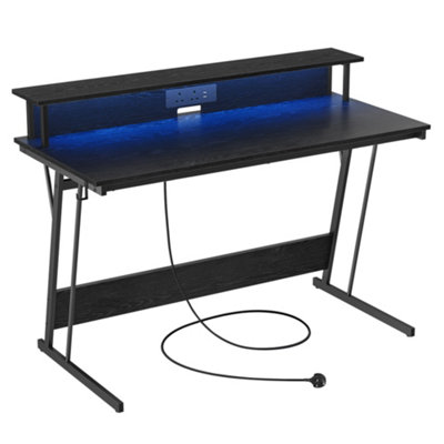 VASAGLE Gaming Desk with LED Lights and Built-In Power Outlets ...