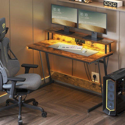 VASAGLE Gaming Desk with Shelf and LED, Computer Table with Charging ...
