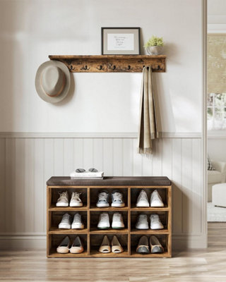 VASAGLE Hallway Bench Storage Chair with Padded Seat 9 Compartments Adjustable Shelves Rustic Brown