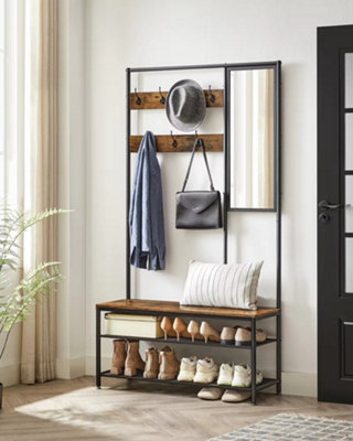VASAGLE Hallway Organizer Set with Mirror Coat Hooks Shoe Bench and Shelves Entryway Storage Solution Rustic Brown and Black
