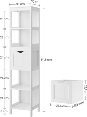 VASAGLE High Cabinet Bathroom Storage Cabinet with Legs Slim Column with 2 Drawers and 3 Open