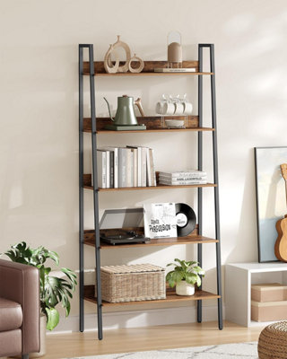 VASAGLE Ladder Rack Storage Shelf 5 Tier Compact Shelf Bookcase Industrial Rustic Brown and Ink Black