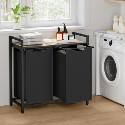 VASAGLE Laundry Basket 2 Compartment Laundry Hamper Laundry Sorter Shelf Camel Brown and Black