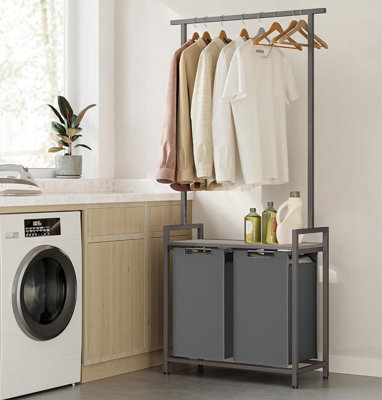 VASAGLE Laundry Basket, 2-Section Laundry Hamper with Clothes Rail ...