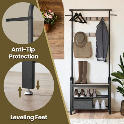 VASAGLE LEDREM Coat Rack, Coat Stand with Shoe Storage Bench, with 9 ...