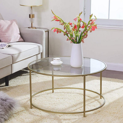 VASAGLE Round Coffee Table, Glass Table with Golden Iron Frame, Living ...