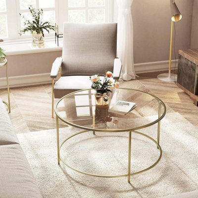 VASAGLE Round Coffee Table Glass Table with Golden Iron Frame Living Room Table Sofa Table Robust