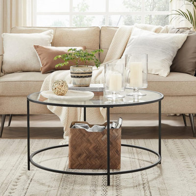 VASAGLE Round Coffee Table Glass Table with Steel Frame Living Room Table Sofa Table Tempered Glass Black LGT021B01