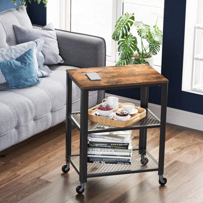 VASAGLE Serving Trolley, 3-Tier Rolling Storage Shelf with Wooden Tray ...