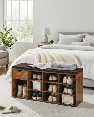 VASAGLE Shoe Storage Bench Bench with Cushion Drawer and Open Compartments Shoe Bench with Seat Rustic Brown and Bronze