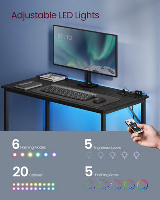 VASAGLE Study Desk with LED Lights, Computer Table, Power Outlets ...