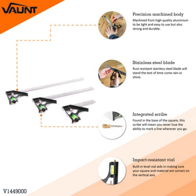 Vaunt 3 Piece Combination Square Set Rust Resistant Stainless Steel ...