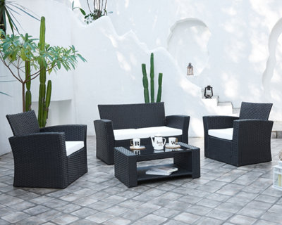 Vegas 4 Piece Modular Black Rattan Sofa Garden Lounge Set with Black ...