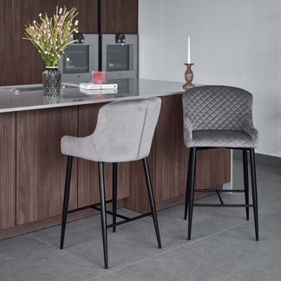 Velvet bar stool in retro style with diamond stitching black metal legs ...