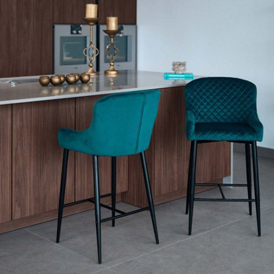 Velvet bar stool with foot rest and metal legs in retro style Carlton Bar Stool Teal