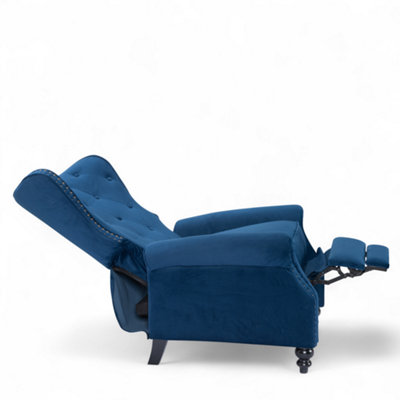 VELVET BLUE BUTTONED WINGBACK RECLINER CHAIR