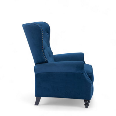 VELVET BLUE BUTTONED WINGBACK RECLINER CHAIR