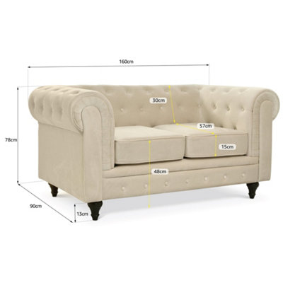 Velvet Chesterfield Sofa Suite Arm Chair, 2 Seater & 3 Seater - Cream