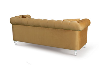 Velvet Gold 3 Seater Chesterfield Sofa With Acrylic Feet