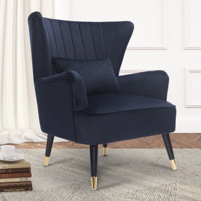 Velvet Navy Blue Accent Wingback Chair