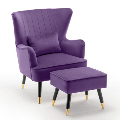 Velvet Purple Camila Accent Wingback Chair with Footstool