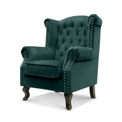 Velvet Wingback Fireside Chair Armchair with Buttons Bottle Green