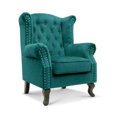 Velvet Wingback Fireside Chair Armchair with Buttons Teal Turquoise