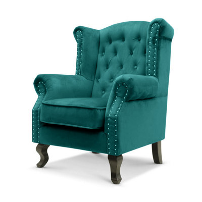Velvet Wingback Fireside Chair Armchair with Buttons Teal Turquoise