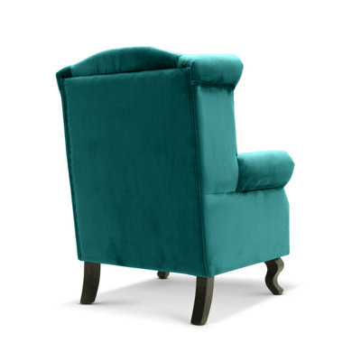 Velvet Wingback Fireside Chair Armchair with Buttons Teal Turquoise