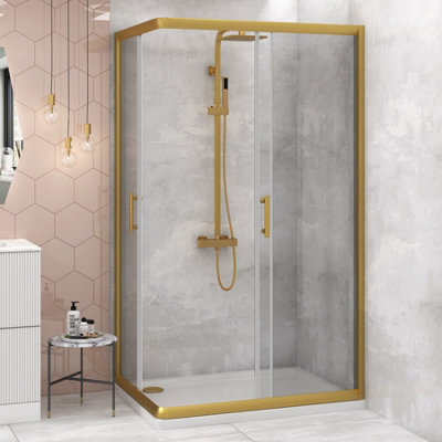 Venice 1000 x 800mm Brushed Brass Corner Entry Shower Enclosure Rectangular Sliding Door 6mm ...