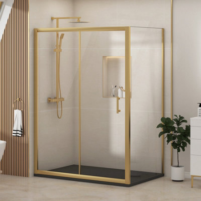 Venice 1400 x 700mm Brushed Brass Sliding Door Shower Enclosure with ...