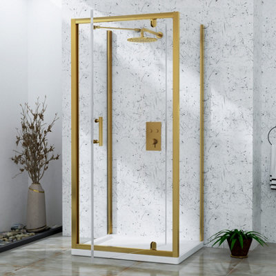 Venice 700 x 700mm Brushed Brass Square Pivot Door 3-Sided Shower ...