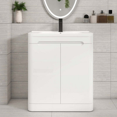 Venice 700mm Gloss White Floor Standing Vanity Unit 2 Door with Ceramic ...