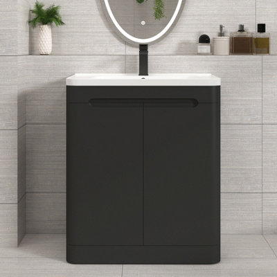 Venice 700mm Matt Black Floor Standing Vanity Unit 2 Door with Ceramic ...