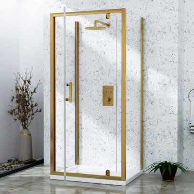 Venice 800 x 800mm Brushed Brass Square Pivot Door 3-Sided Shower ...
