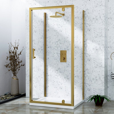 Venice 900 x 900mm Brushed Brass Square Pivot Door 3-Sided Shower ...