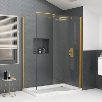 Venice Brushed Brass Walk in Shower Enclosure with Tray 1400 x 900mm ...