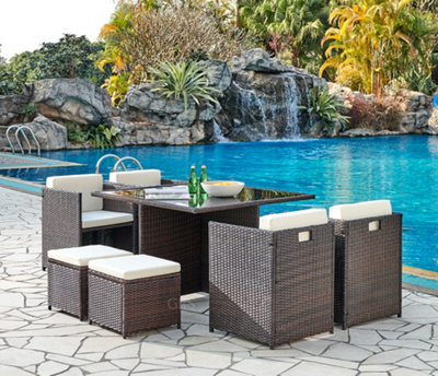 Venice Cube Rattan Garden Furniture 9 Piece Set with Free Cover Included, Brown