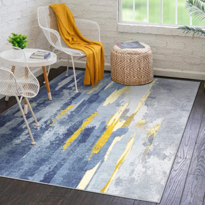 Vernal Oxnard Blue Machine Washable Rug, Blue/Yellow/Grey , 152 cm x ...