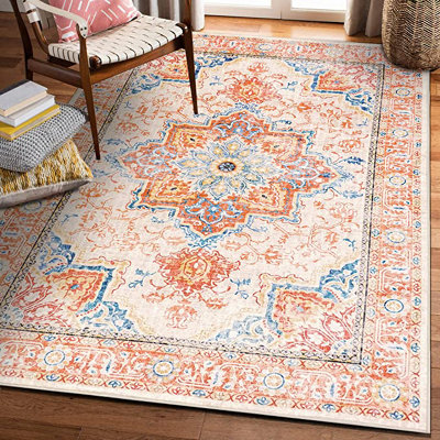 Vernal Peoria Persian Machine Washable Rug, Orange/Blue/Cream , 120 cm ...