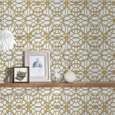 Versace La Scala Del Palazzo Geometric Wallpaper - Cream and Gold ...