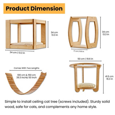 Versatile Ceiling-Mounted Cat Tree - Natural Wood Cat Tower with ...